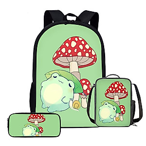 HUIACONG Mushroom Frog Backpack Set Snail Print Kids School Bookbag+Lunchbox Pack with Holder+Pencil Case 3 Pieces Insulated Lunch Bag Rucksack Set