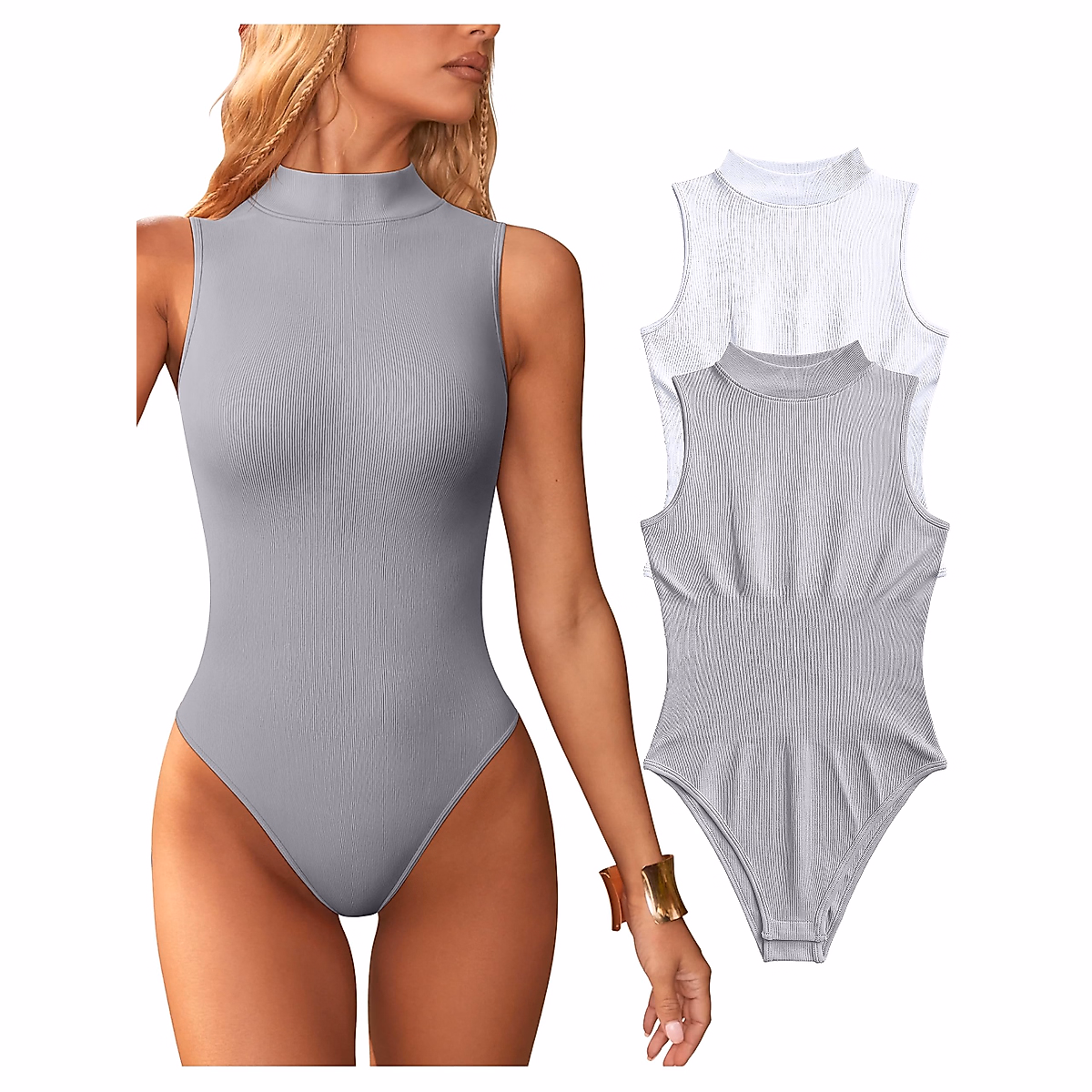 OQQ Women's 2 Piece Sexy Ribbed Sleeveless High Neck Tank Top BodySuit, Grey,white, Small