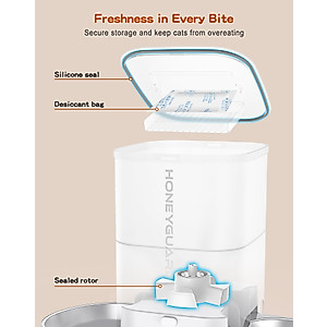 HoneyGuaridan Automatic Cat Feeder for Two Cats,3.5L Cat Food Dispenser with Stainless Steel Bowl,Timed Cat Feeder Programmable 1-6 Meals Control, Dual Power Supply,Desiccant Bag,10s Meal Call Whit