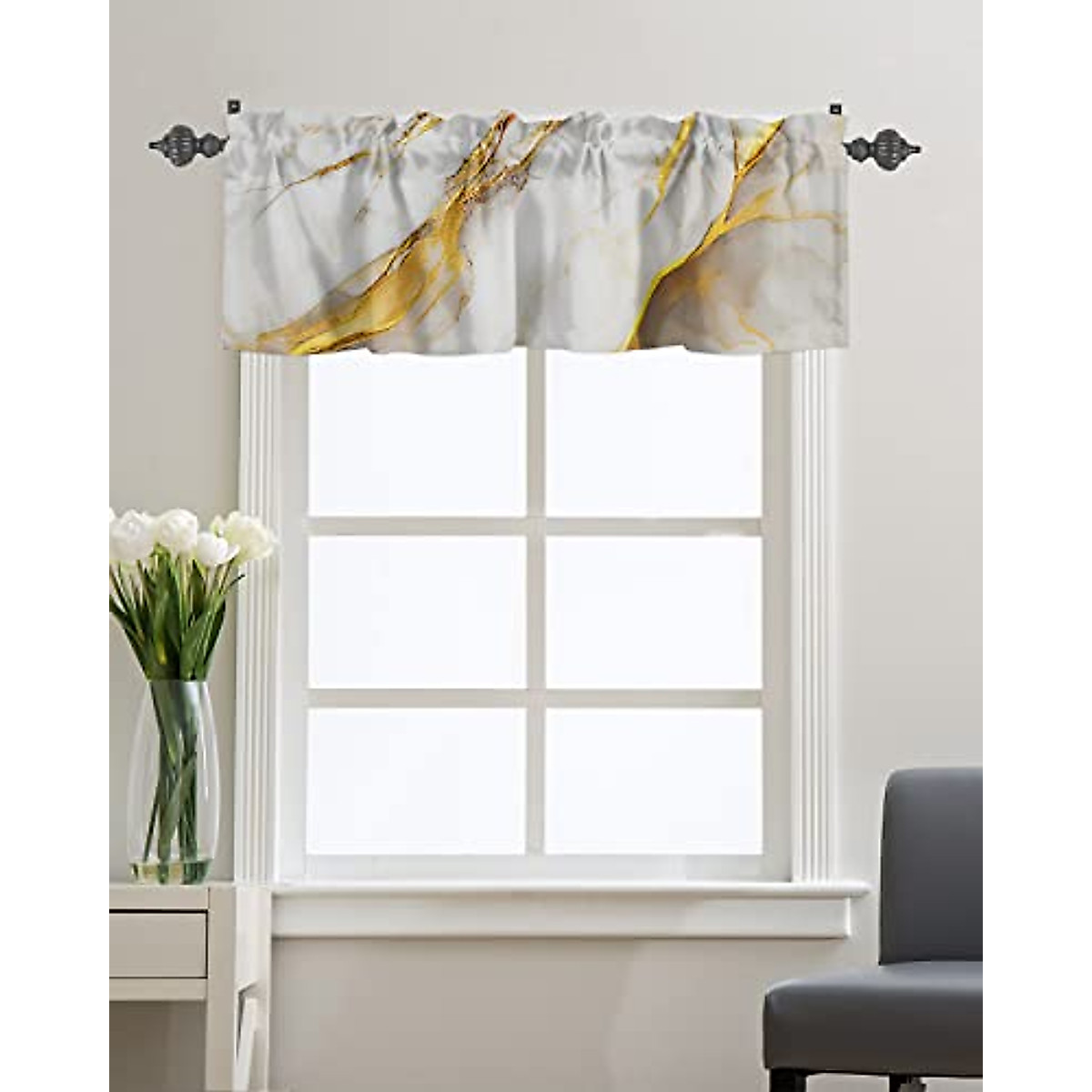 Kakmok Window Valance for Kitchen Cafe,Gold White Gradient Marble Rod Pocket Drape Privacy Curtain,Irregular Line Art Short Curtains for Bathroom/Living Room/Bedroom Windows Decor