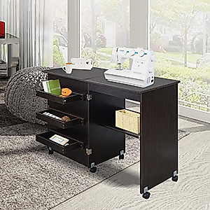 Usinso Folding Sewing Table Multifunctional Sewing Machine Cart Table Sewing Craft Cabinet Table with Storage Shelves Portable Rolling Sewing Desk Computer Desk with Lockable Casters(Dark Brown)