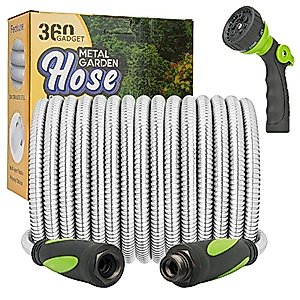360Gadget Garden Hose - Water Hose 25 FT with Swivel Handle & 8 Function Nozzle, Flexible, Heavy Duty, No Kink, Lightweight Metal Hose for Outdoor, Yard, 304 Stainless Stee