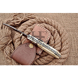 HUNTEX Custom Handmade Hand-Forged Twist Pattern Damascus Steel 4 Inch Long Natural Camel Bone Handle Razor Sharp Camp Hunting Folding Pocket Sheepsfoot Knife with Pocket Clip & Genuine Leather Pouch