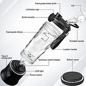 Portable Blender 20 oz Personal Blender for Shakes and Smoothies, BPA Free USB C Rechargeable Blender Cups with 6 Blades and Travel Lid for Ice and Frozen Drinks