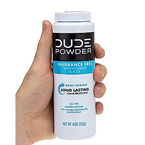 DUDE Body Powder - Fragrance Free 4 Ounce (3 Bottle Pack) Natural Deodorizers With Chamomile & Aloe, Talc Free Formula, Corn-Starch Based Daily Post-Shower Deodorizing Powder for Men