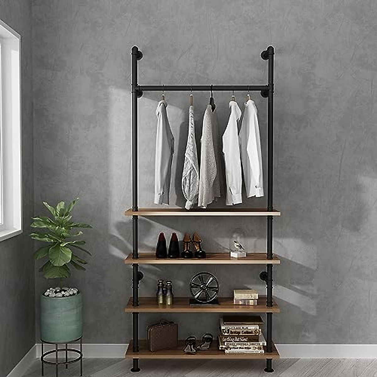 LANJIN Industrial Pipe Clothing Rack,Clothes Rack for Wardrobe, Bedroom and As Walk-in Closet System.Sturdy Clothing Racks for Hanging Clothes,Wall Mounted Heavy Duty Clothes Rack,Black C