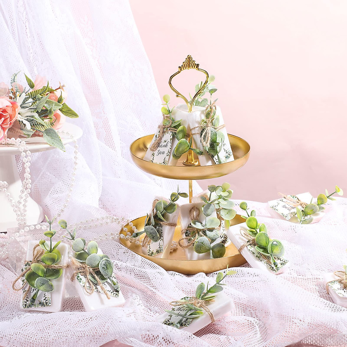 Demissle 60 Sets Mini Soap Favors Small Scented Soap Bars White Hand Soaps with Mini Faux Eucalyptus Greenery Gift Cards Organza Bags for Baby Shower Bridal Shower Gifts Wedding Birthday Party