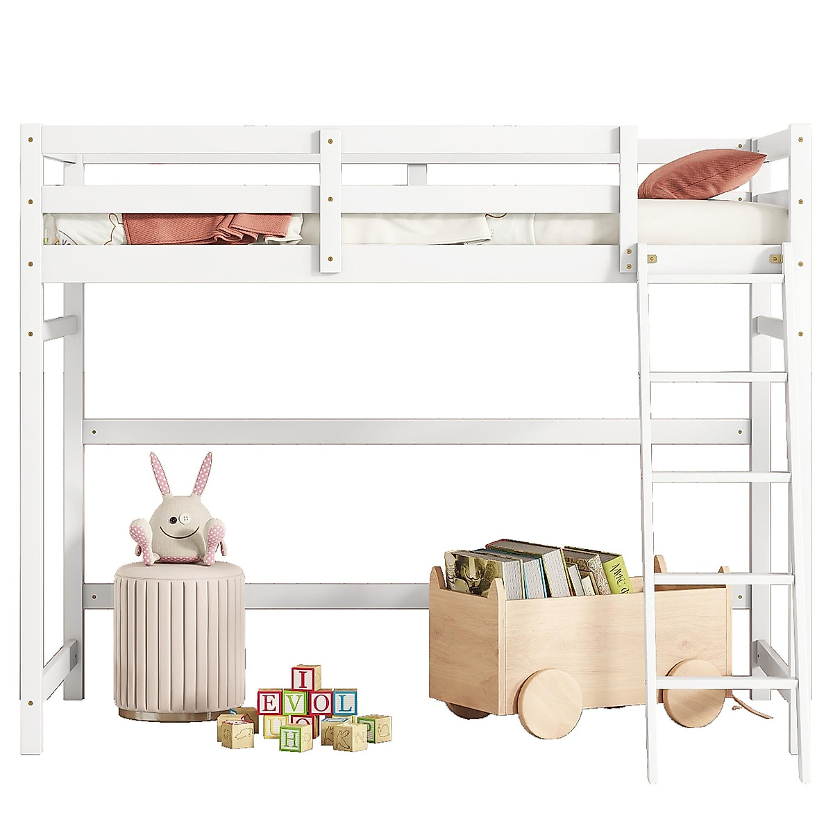 Harper & Bright Designs Twin Size Loft Bed Frame,Wooden Kids Loft Bed with Inclined Ladder & Full-Length Guardrail, High Loft Bed for Teens Girls Boys, Space-Saving, White