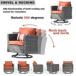ovios Patio Furniture Set 7 PCS Outdoor Wicker Rattan Sofa Set with 360 Degree Swivel Rocking Chairs 30 Inch Gas Fire Pit Table Garden Backyard Porch (Orange Red-Grey)