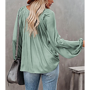 LAMISSCHE Womens Sexy Deep V Neck Blouse Lantern Long Sleeve Chiffon Shirt Oversized Drawstring Silk Satin Tunic(Light Green,XL)