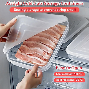 WOPPLXY 6 Pack Bacon Keeper, Plastic Deli Meat Container with Lids, Airtight Cold Cuts Storage Containers for Fridge Storage Box Food Shallow Low Profile Bacon Holder with 3 Pcs Buffet Serving Tongs
