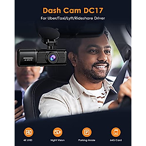 Dual Dash Cam 4K, Dash Cam Front and Inside, Dash Camera for Cars with 64GB SD Card, Infrared Night Vision, 1.5 inch IPS Screen, Loop Recording, Accident Lock, WDR, Parking Monitor for Taxi Driver
