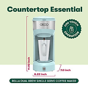 BELLA Dual Brew Single Serve Coffee Maker, K-cup Compatible with Ground Coffee Basket & Adapter - Carefree Auto Shut Off & Adjustable Tray, 14oz, Aqua