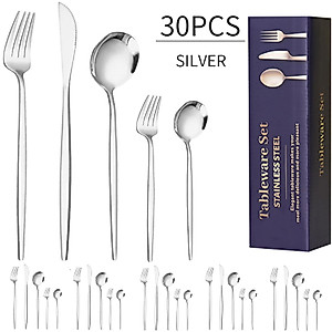 YTCYKJ 30 Piece Silverware Set Service For 6,Mirror Polished Stainless Steel Utensils Set,Flatware Set,Include Fork Knife Spoon Silverware Set,Reusable,Dishwasher Safe(Silver)
