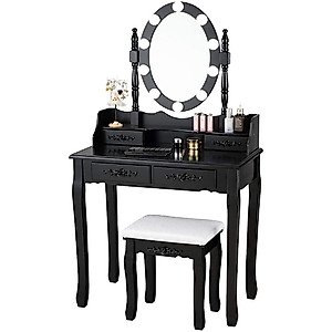 LDAILY Vanity Table Set w/Lighted Mirror, Makeup Vanity Table with 10 LED Lights, 4 Drawers & Oval Mirror, Bedroom Dressing White Black Dark Brown BC-HW66050US Vanity Table Set with Lighted Mirror