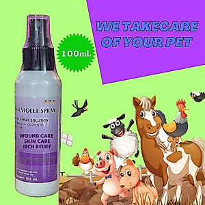 Gentian Violet Spray Solution 1% 100 ML. Pet Wound Care Skin Soother Healing Dog & Cats Skin Infections, Soreness and Irritation Relief, Relieves Dry Itchy Skin Allergies Clean Soothe & Heal