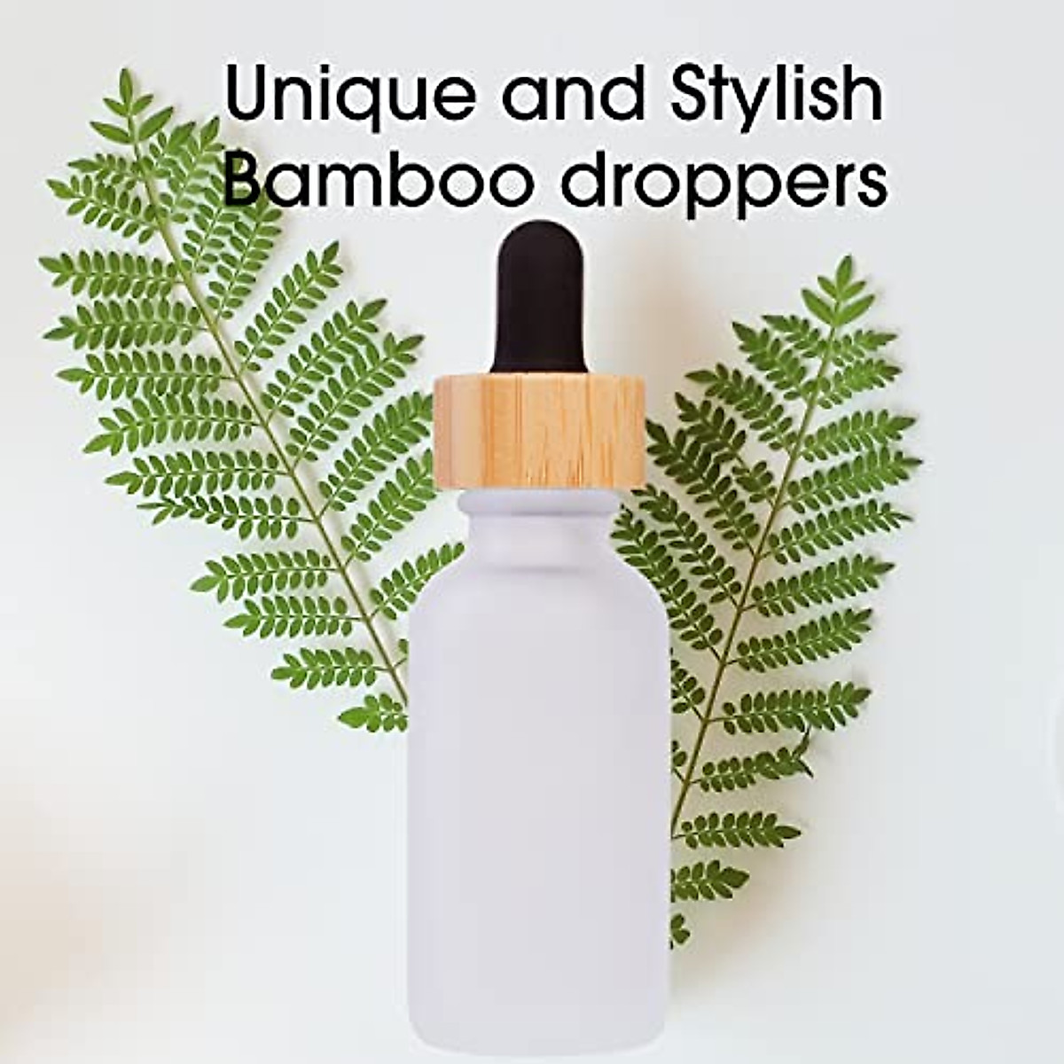 Focus Nutrition 12 Pack Clear Frosted Boston Round Essential Oils Aromatherapy Glass Bottles Jar With Black Bamboo Eye dropper cap, 1oz