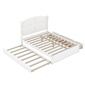 EMKK Queen Bed with Trundle and 2 Drawers, Wood Queen Size Platform Bed Frame Space-Saving Queen Size Bed for Boys, Girls, Kids, Teens and Adults