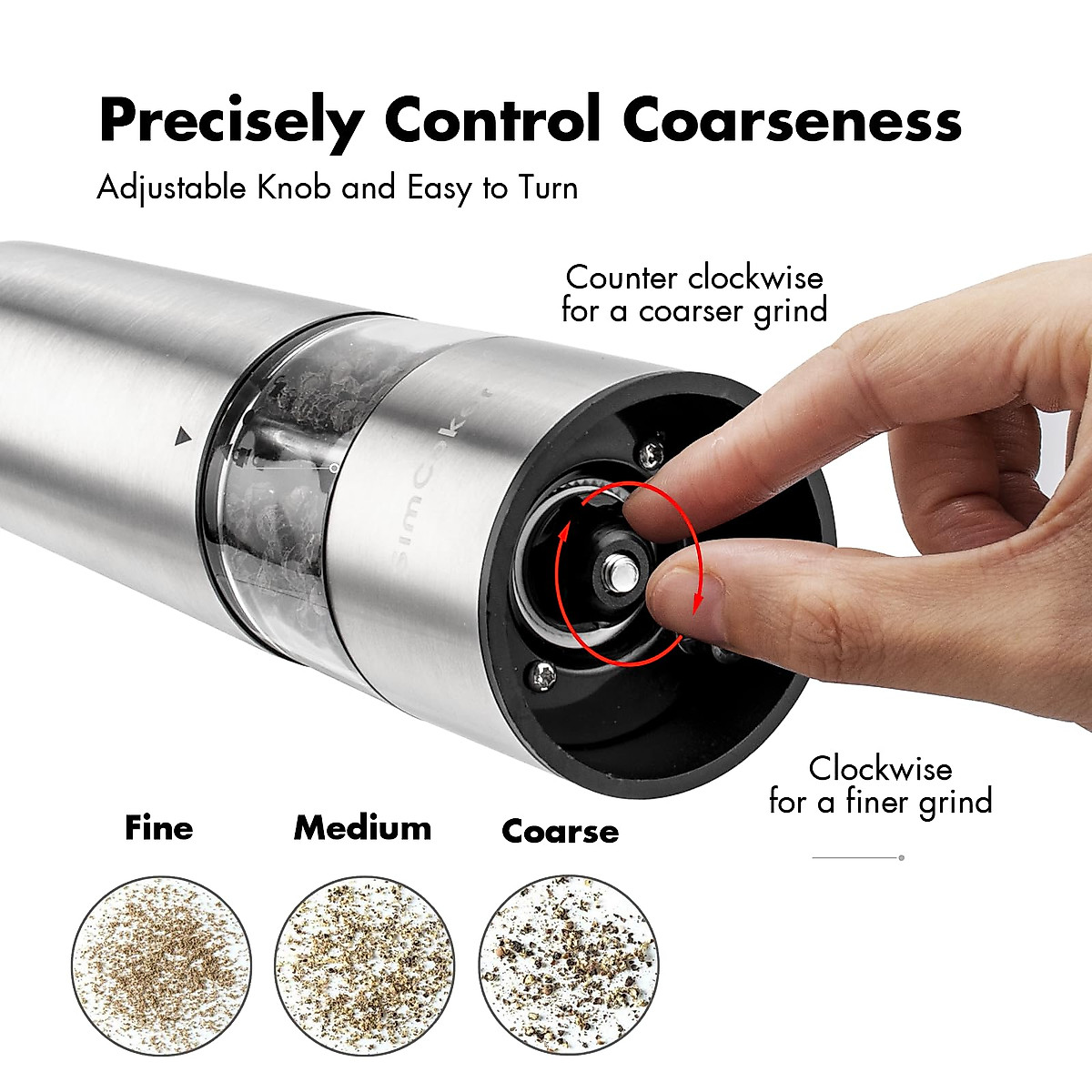 SimCoker Electric Salt and Pepper Grinder Set, Battery Operated Stainless Steel Pepper Grinder Mill Electric with Light, Automatic One Handed Operation, Adjustable Coarseness, Ceramic Grinder, 2 Pack