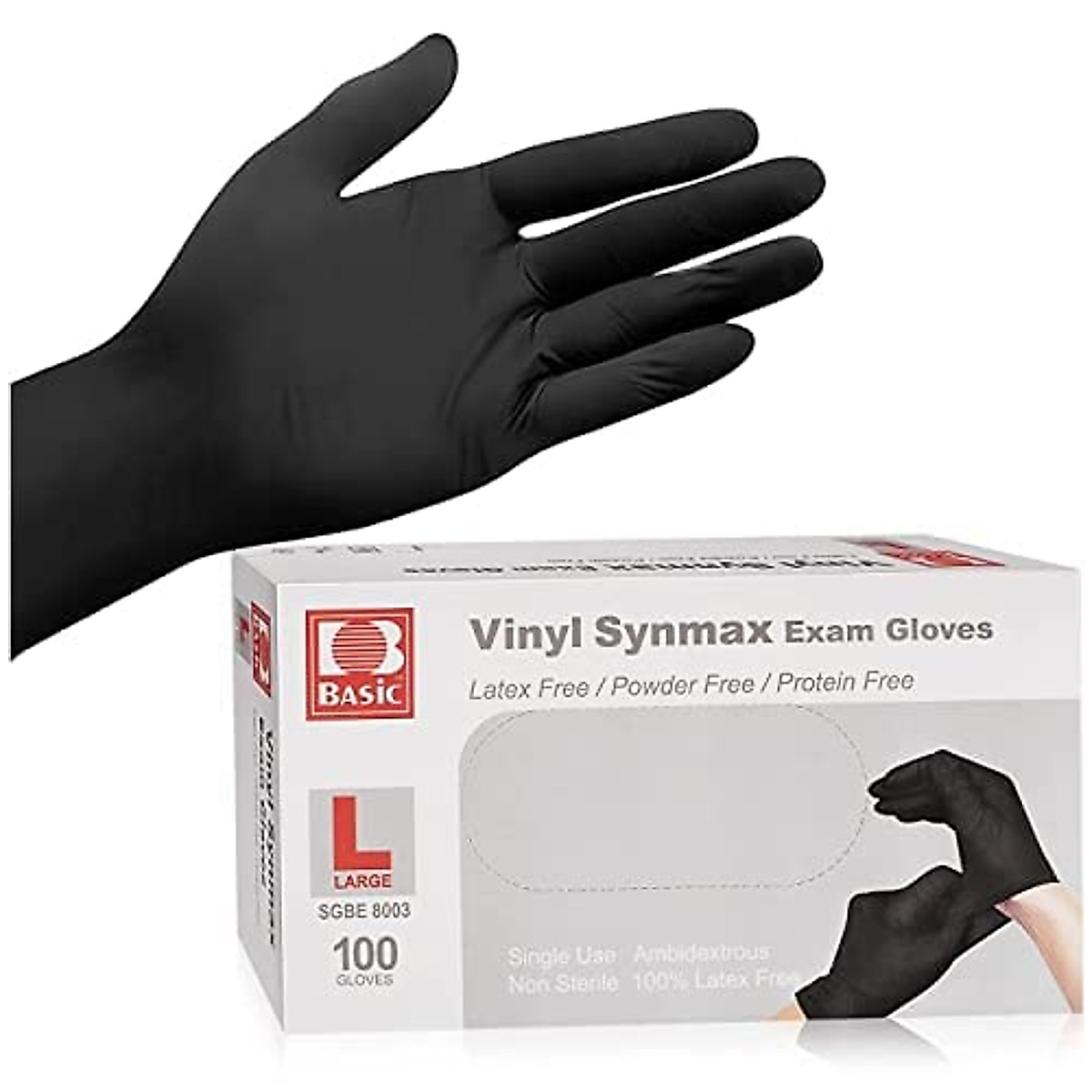 Basic Disposable Medical Synmax Vinyl Exam Gloves- 4 mil Safty Glove 1000pcs - Latex-Free & Powder-Free - SGBE 8003, Large (Case of 1000, Black)