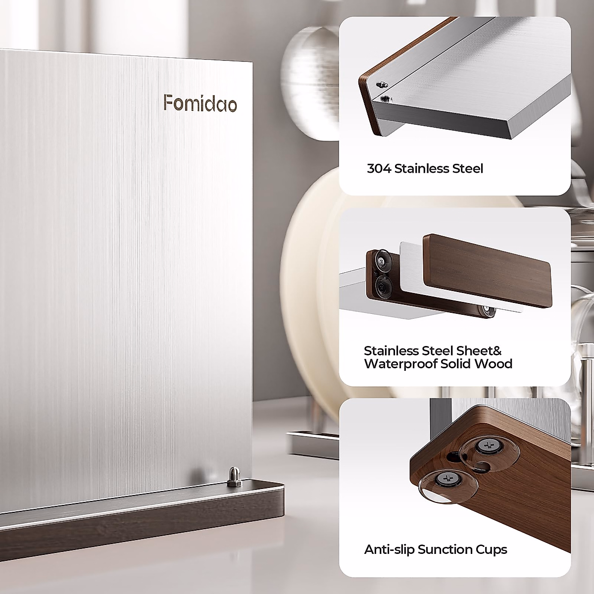 Magnetic Knife Block,Stainless Steel Magnetic Knife Holder Rack for Kitchen Counter,Strong Double Sided Magnet Knife Storage Stand with Wood Base