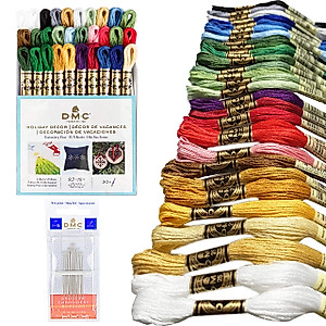 DMC Embroidery Floss Pack,Colorful Holiday Collection,DMC Embroidery Thread, Kit Include 30 Cotton Assorted Color Bundle with DMC Cross Stitch Hand Needles Size 1-5. Premium Embroidery String/Yarn.
