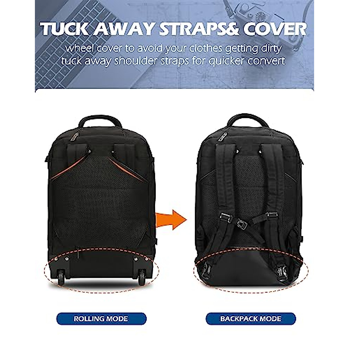 Hynes Eagle 2 in 1 Rolling Backpack 42L Backpack with Wheels Airline Approved Carry on Luggage Laptop Travel Backpack for Women Men Black with 20L Personal Item Underseat Bag Black