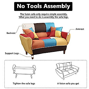 Convertible Futon Sofa Bed with 2 Pillows, Loveseat Sleeper Sofa Futon Couch, Recliner Couch with Adjustable Armrest and Wood Legs, Living Room Sofa with 3-Angle Backrest for Small Space (Colorful)
