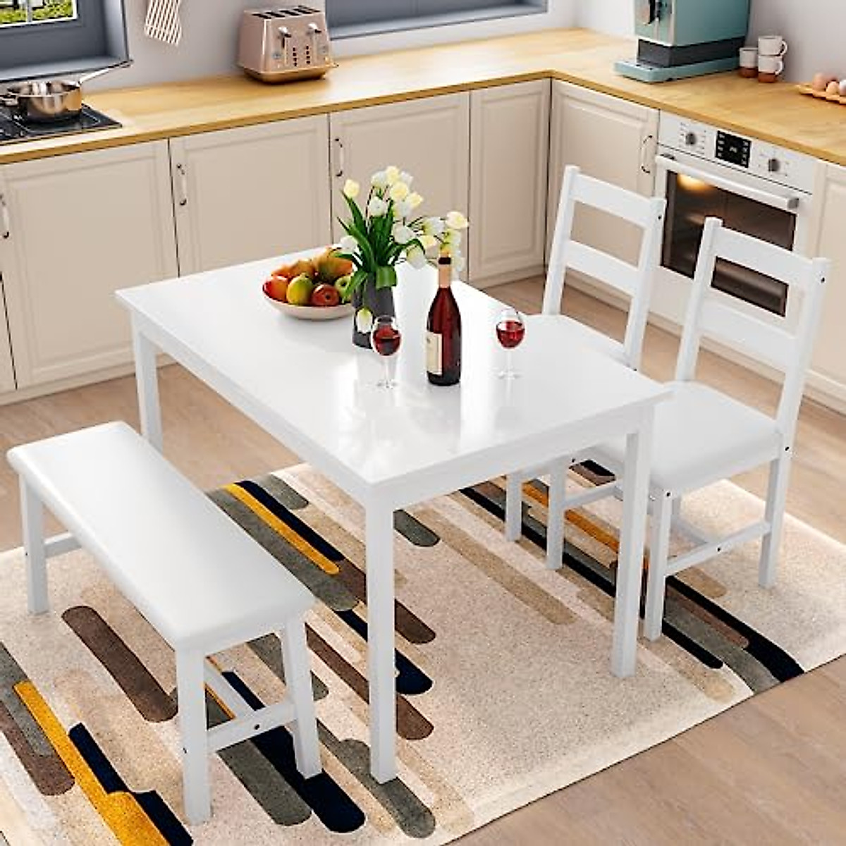 Dining Table Set for 4, 4 Piece Kitchen Table with Chairs and Bench, Wood Rectangular Dining Table Set with 2 PU Leather Chair and Bench for Small Spaces, Apartment, Breakfast, Living Room (White)