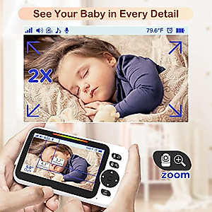 Blemil Baby Monitor with 30-Hour Battery, 5" Large Split-Screen Video Baby Monitor with Camera and Audio, Remote Pan/Tilt/Zoom Camera, Two-Way Talk, Night Vision, Lullabies, No WiFi