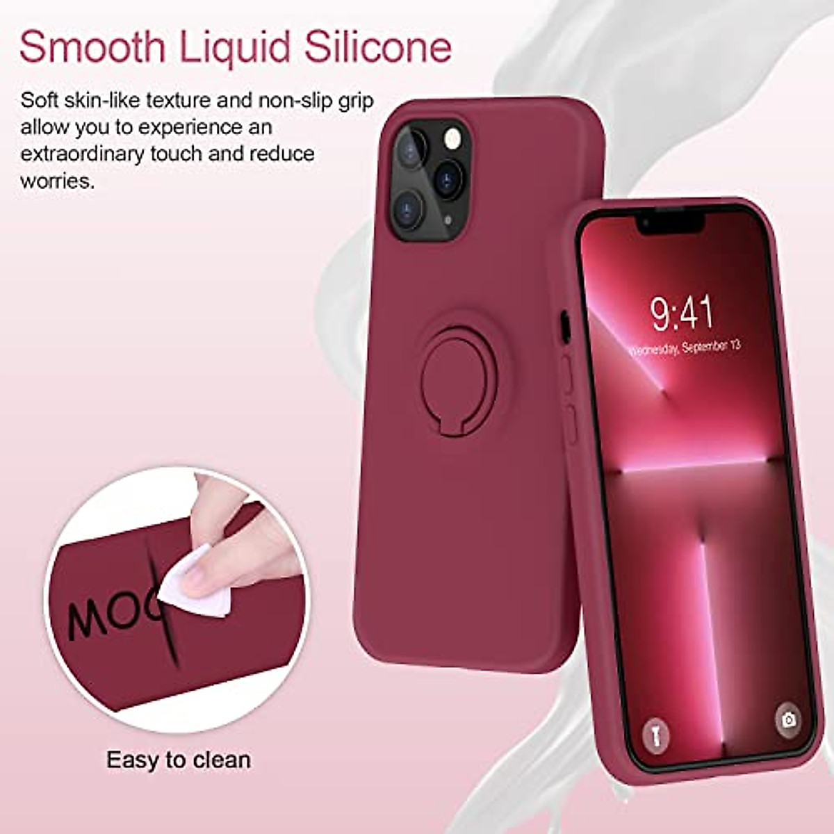 MOCCA Compatible with iPhone 13 Pro Max Case 6.7inch with Ring Kickstand | Liquid Silicone |Microfiber Linner|Anti-Scratch Full-Body Shockproof Protective Case for iPhone 13 Pro Max Women Girl-WineRed