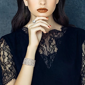 FIBO STEEL 3 PCS Rhinestone Stretch Bracelets for Women Bridal Sparkly Wedding Strand Tennis Bracelet Set Silver-Tone