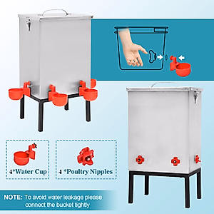 3 Gallons Chicken Waterer,Stainless Steels Automatic Chicken Waterer No Waste with Latch and Bottom Bracket，Poultry Watering 4 Water Cups Chicken Waterer and 4 Horizontal Automatic Chicken Nipples