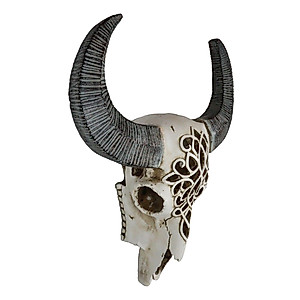 Ebros 16.5" Tall Southwest Aged Bone Tooled Filigree Lace Design Steer Bison Buffalo Bull Cow Horned Skull Head Night Light Lamp LED Wall Decor Plaque Skulls Western Accent Lighting