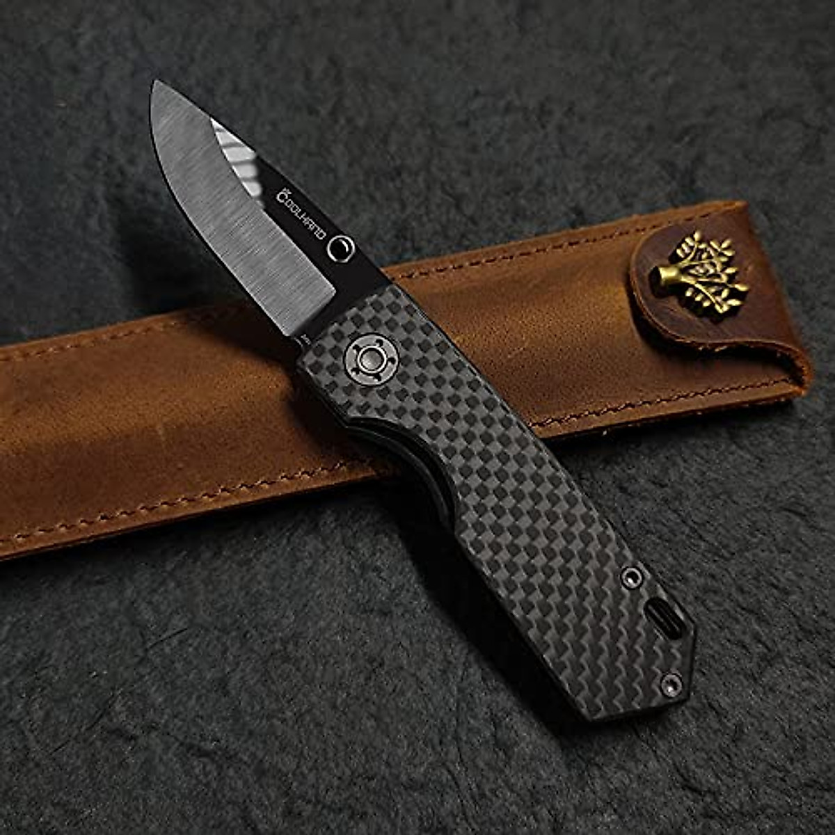 Cool Hand 5.2'' Carbon Fiber Folding Knife, 2'' Polished Black Mirror Ceramic Blade, EDC Foldable Pocket Knife, Liner Lock, 1.5 OZ Light Wight, Ambi Thumb Stud