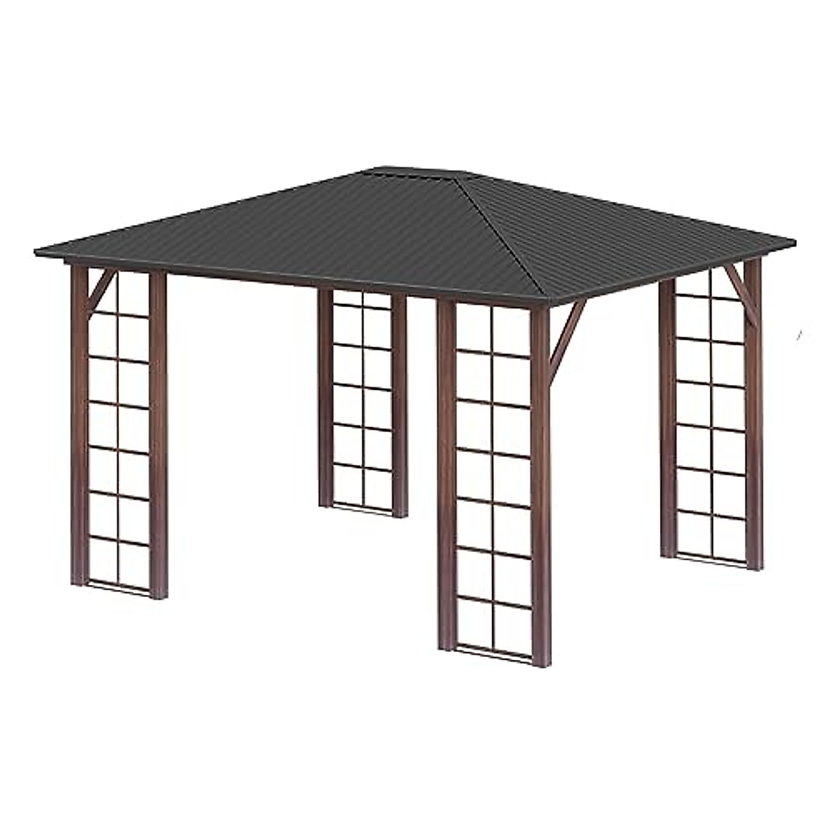 10' x 12' Permanent Gazebo Canopy, Adjustable Metal Roof Hardtop Gazebo, Hardtop Gazebo with Waterproof Metal Roof and Wood Grain Metal Frame for Porch Party, Garden, Grill Gazebo
