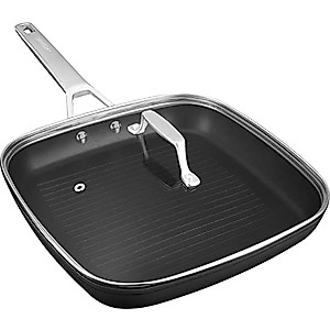 MsMk Square Grill Pan with lid, Stay-Cool Handle, Each Ridge Nonstick, Oven Safe Dishwasher Safe Induction Grill pans for Stove Tops, Square Frying Pan, Bacon Pan, Indoor Chicken Skillet, 11-Inch