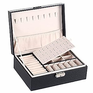 NuAngela Large Jewelry Box Organizer for Women Girls, 2 Layer Jewelry Storage Case, PU Leather Display Jewellery Holder With Removable Tray for Necklace Earrings Rings Bracelets (Black)