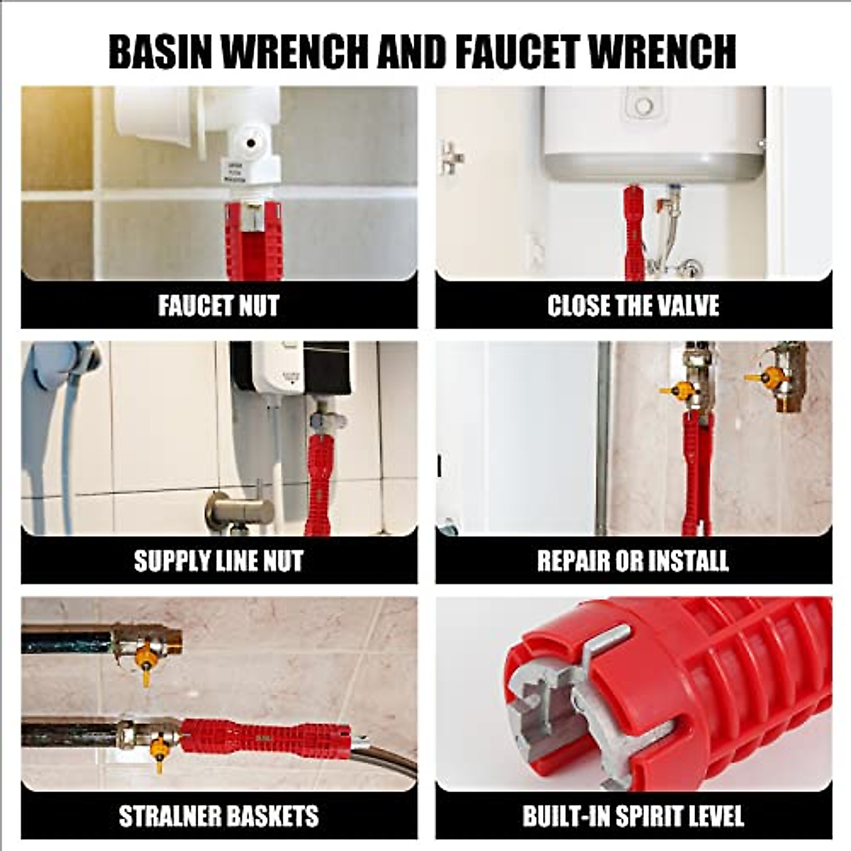 YBQSPLY Basin Wrench,8 in 1 Faucet and Sink Installer Multi Tool,Multi-Purpose Plumbing Wrench Faucet Wrench Sink Wrench Plumbers Wrench for Pipe and Tub Drain Removal Nut Wrench (Two-way Red)