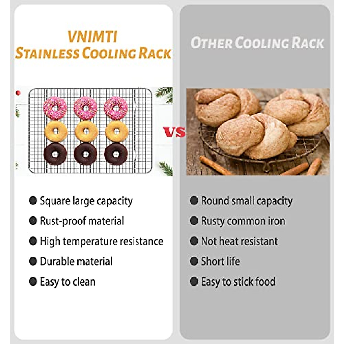 VNIMTI Baking Rack 2 Packs, Stainless Steel Cooling Racks, Wire Rack for Baking, Oven Safe Cookie Cooling Rack for Cooking, Roasting, Grilling, Drying, Fit Half Sheet Pan (16.5" * 12")