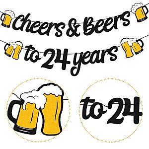 24th Birthday Decorations Cheers to 24 Years Banner for Men Women 24s Birthday Backdrop Wedding Anniversary Party Supplies Black Glitter Decorations PRE Strung
