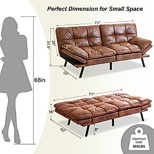 Maxspeed Sofa Bed, Convertible Memory Foam Sofa, Modern Loveseat Sleeper with Adjustable Armrests and Backrest, Faux Leather Futon for Living Room, Office, Small Space, Brown