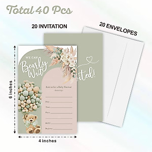 We Can Bearly Wait Baby Shower Invitation, 20 Boho Floral & Bear Balloon Double-Sided Fill-In Invites With Envelopes, For Boys And Girls Baby Announcement, Gender Reveal Party Favor & Supplies - B01