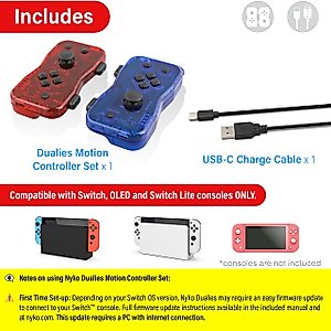 Nyko Dualies Controller Set for Nintendo Switch - Red/Blue: Comfortable, Responsive, and Precise Wireless Gaming with Motion Control, USB C Charge Cable. Joycon Alternative