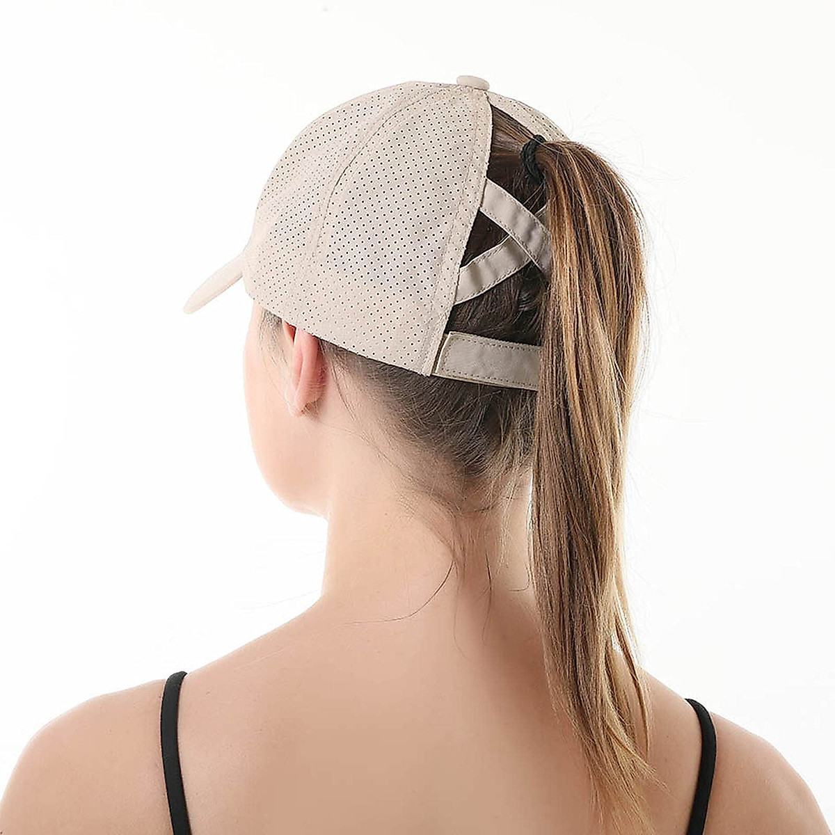 Muryobao Womens Criss Cross Ponytail Baseball Cap Adjustable High Messy Bun Ponycap Trucker Hats Quick Drying Mesh Dad Hat for Outdoor Sports Travel Khaki
