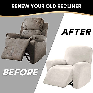 PrinceDeco Recliner Chair Cover Velvet Stretch Recliner Couch Covers 4-Pieces Style Recliner Chair Covers Recliner Cover for Reclining Chair Slipcovers Feature Non Slip Form Fitted Thick Soft, Ivory