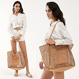 Mesh Beach Tote Womens Shoulder Handbag (Tan, Black)