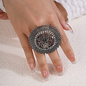 Jumwrit Rhinestone Big Round Ring Open Wrap Ring Vintage Ring with Flower Engraved Statement Ring Adjustable Finger Ring Indian Ring for Women and Girls（Silver）