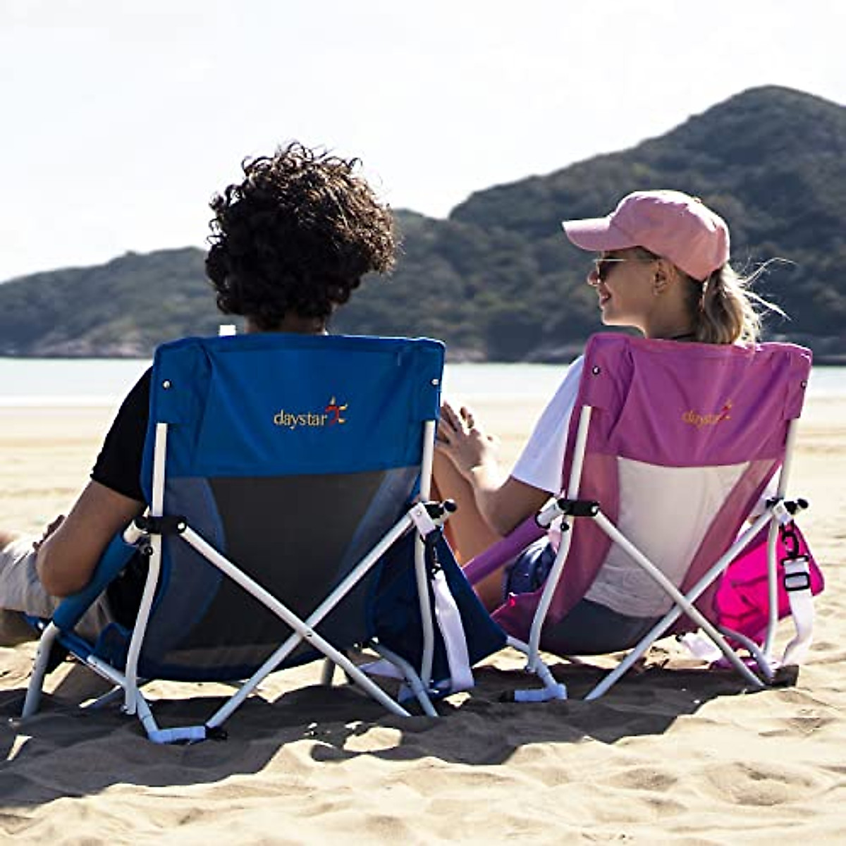 SUNNYFEEL Low Sling Beach Chair, Folding Low Mesh Reclining Back Low Seat Beach Chairs for Adults with Cup Holder,Carry Bag Padded Armrest for Sand Camping Lawn Concert Travel Festival (Pink)