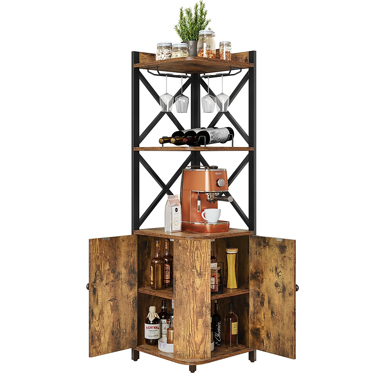 YITAHOME Corner Bar Cabinet with Glass & Wine Holder, Industrial Corner Shelf with Wine Storage, 5-Tiers Liquor Cabinet Bar for Home/Living Room/Kitchen, Rustic Brown